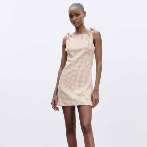 Zara | Dresses | Zara Tan Gingham Mini Dress | Poshmark